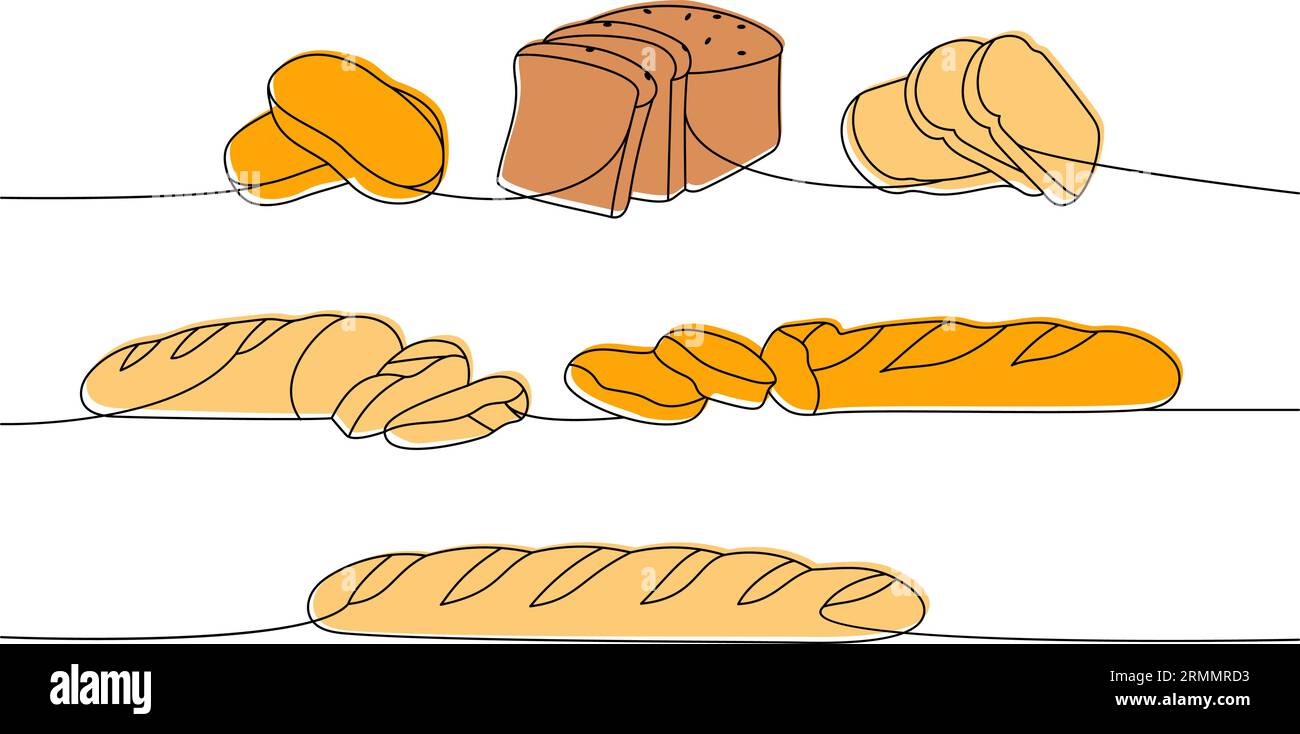 Bakery products one line colored continuous drawing. Whole grain and ...