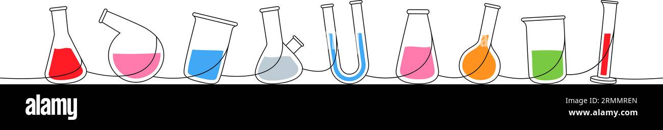 Lab glassware one line colored continuous drawing. Conical flask, glass ...