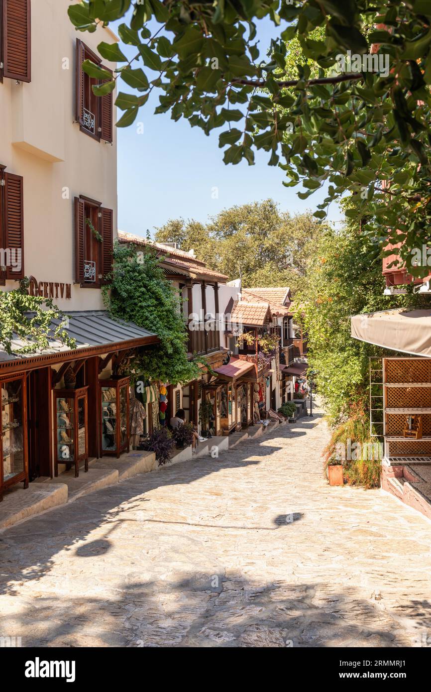 Picturesque street in Kas old town. Kas is a Turkish seaside town in ...