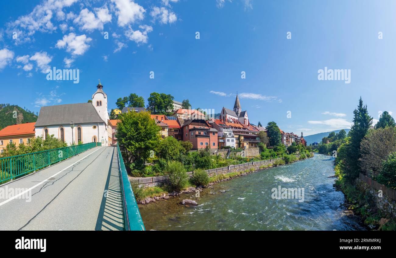 Murau: old town Murau, church Elisabethkirche, river Mur, catholic ...