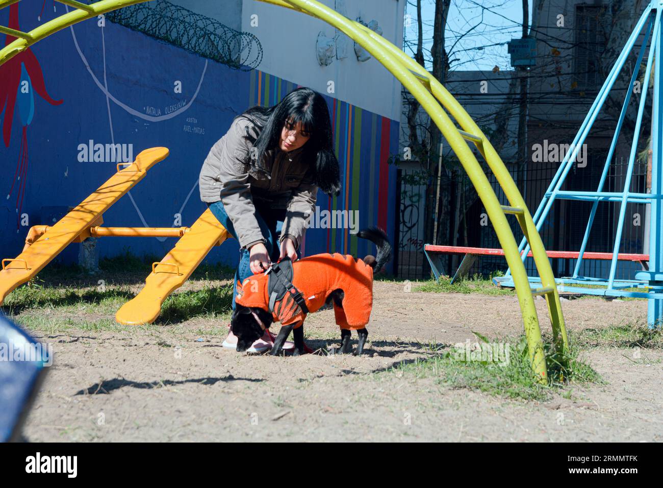 Happy young latin woman in the park on a sunny day, letting her dog ...