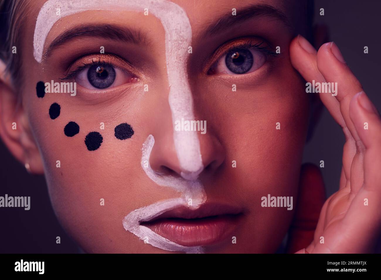 Paint, face and woman with creative makeup, beauty or artist with ...