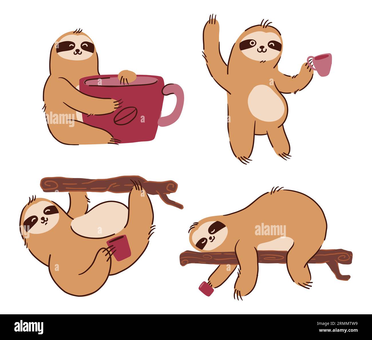 Sloth bears with cup of coffee . Hand drawn style . White isolate ...