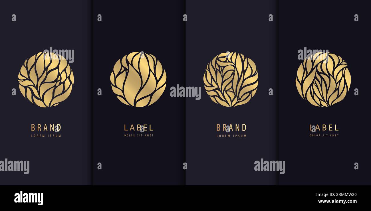 Vector set of golden floral circle logos, leaves labels. Package design ...