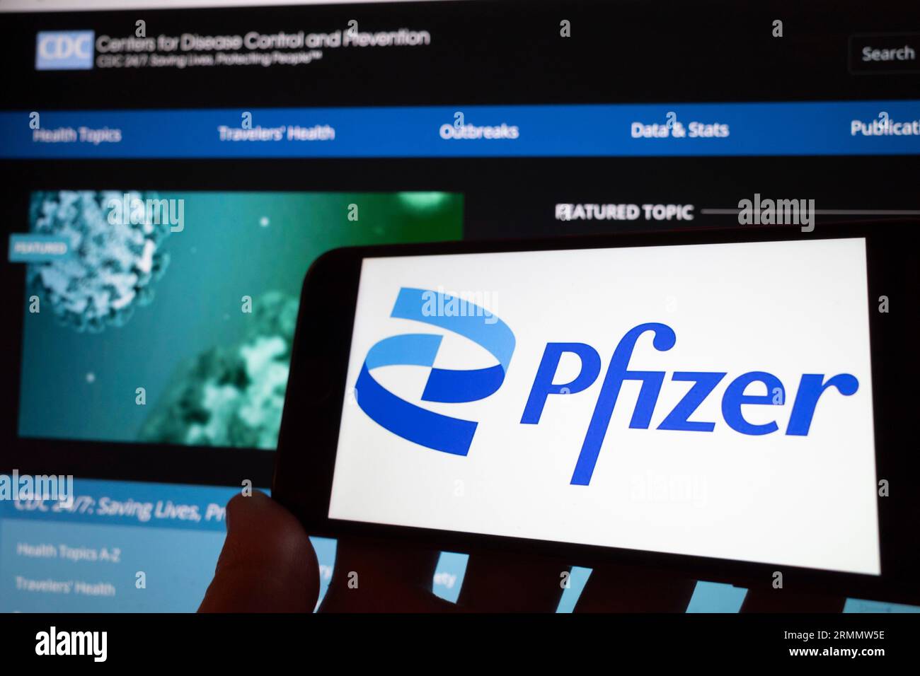 New York, New York, USA. 29th Aug, 2023. Pfizer ($PFE) logo in front of ...