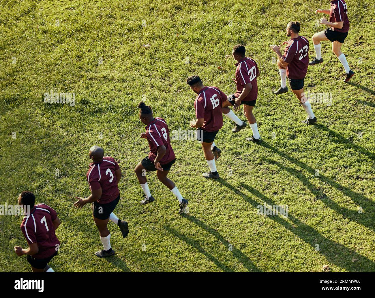 Sports, team and men in field for training, workout and exercise on ...