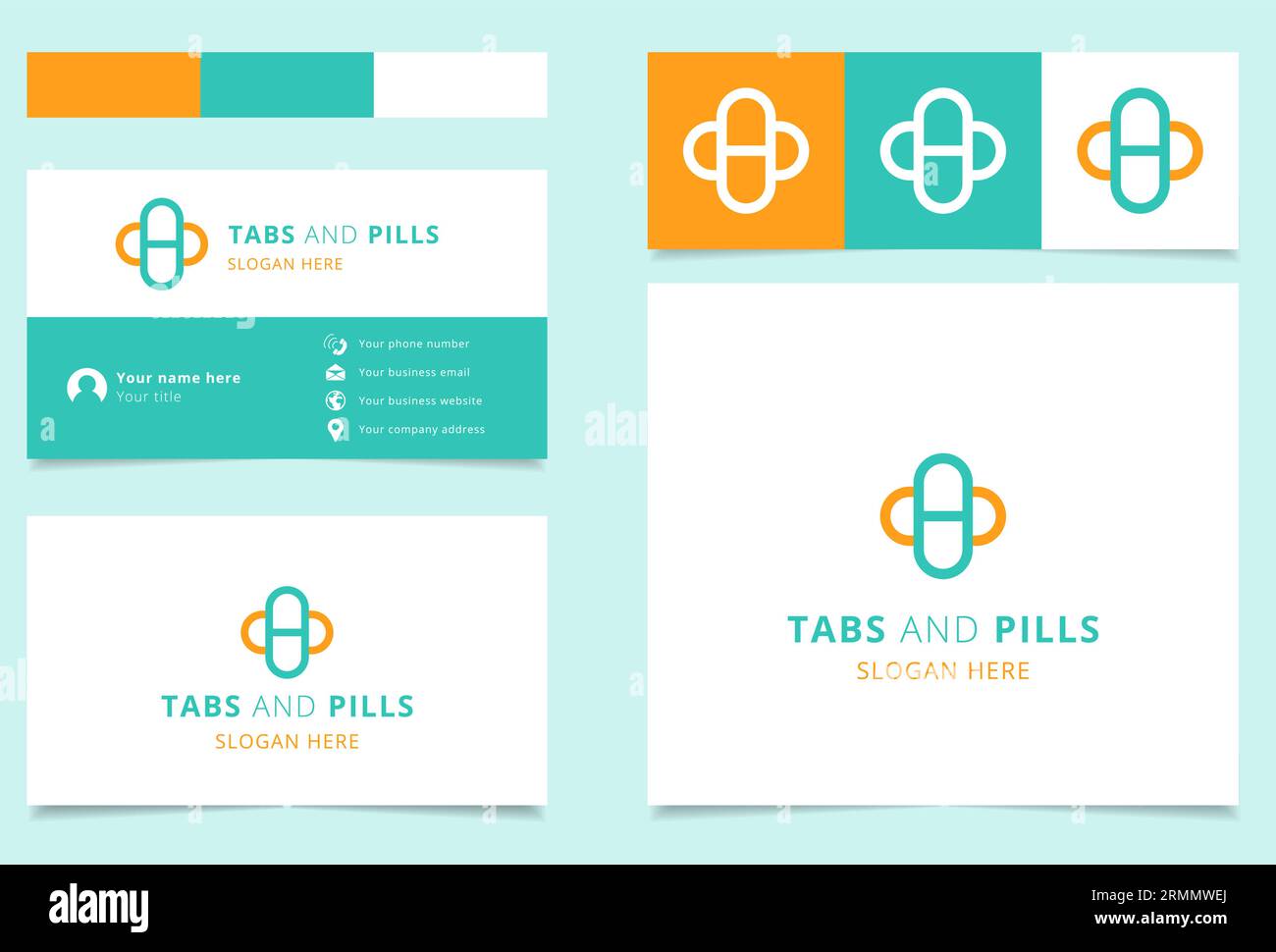 Tabs and pills logo design with editable slogan. Branding book and business card template Stock ...