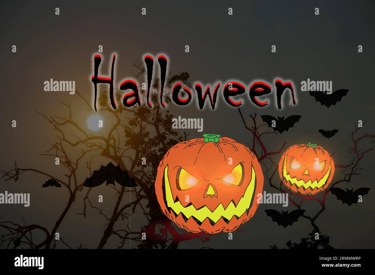 Creepy forest sunset with evil glowing eyes of Jack O' Lanterns on ...