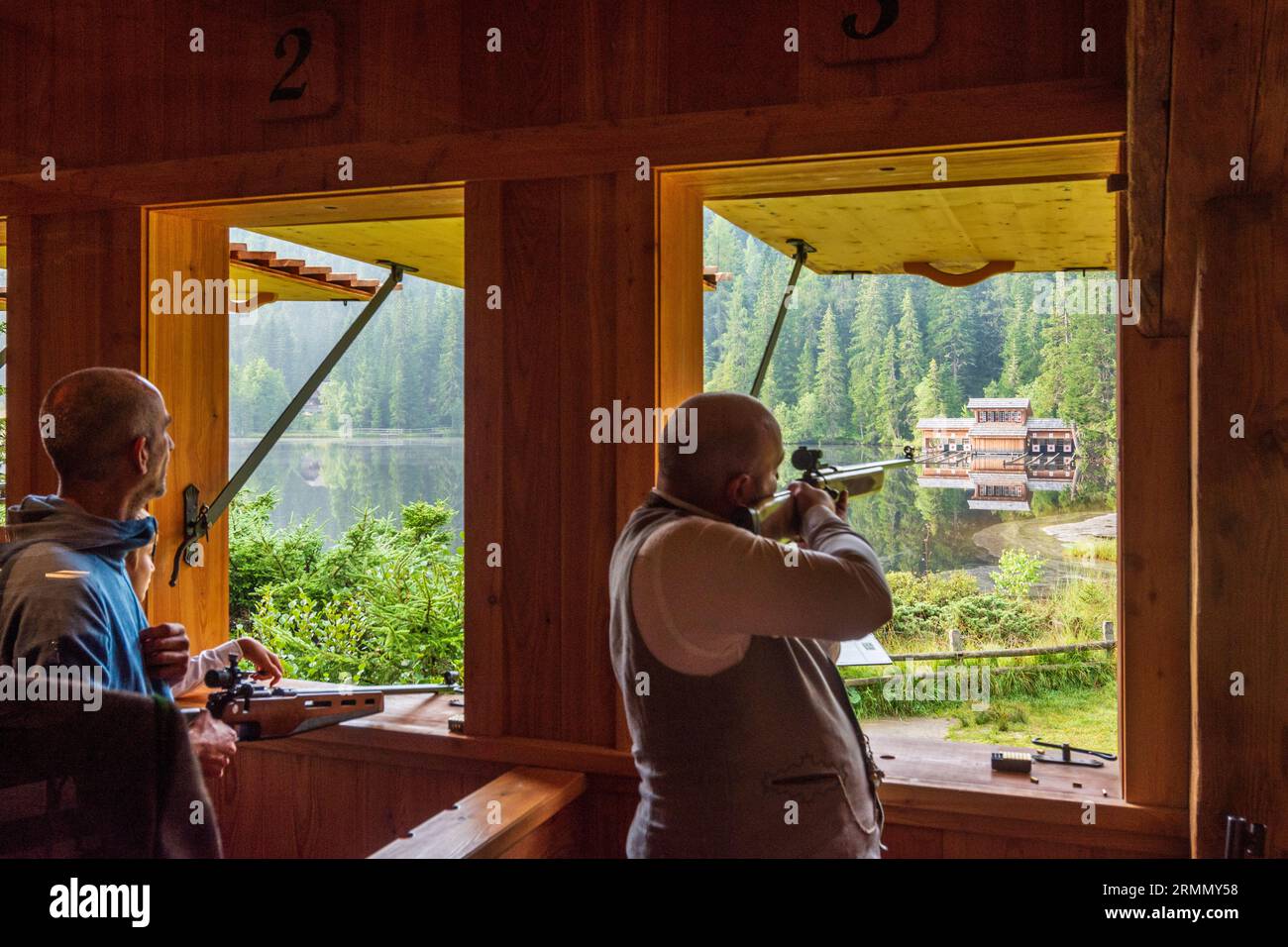 Tamsweg: lake Prebersee, shooter in shooting range hut for shooters at ...
