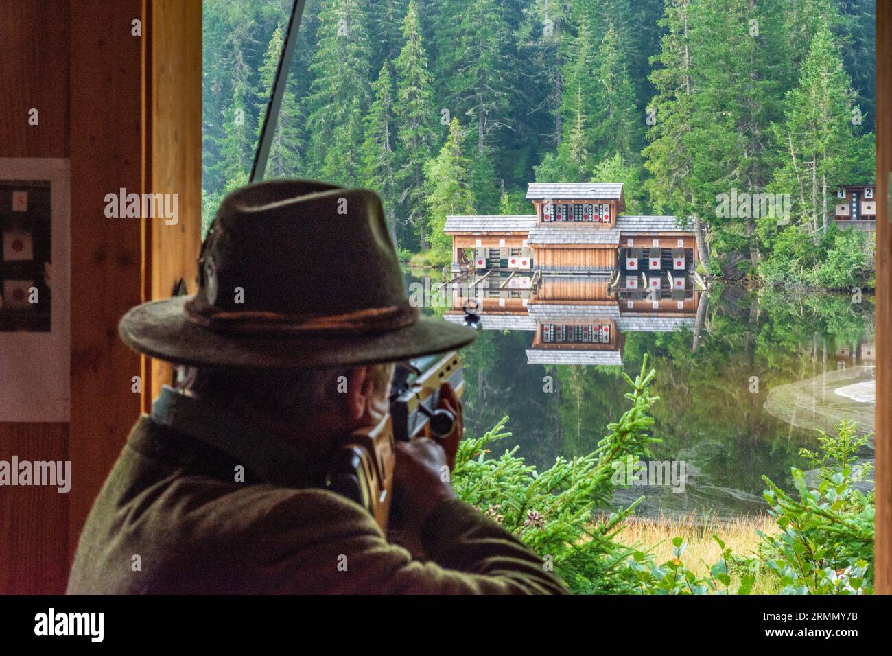 Tamsweg: lake Prebersee, shooter in shooting range hut for shooters at ...