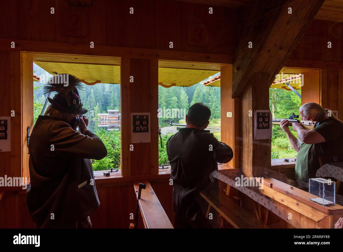 Tamsweg: lake Prebersee, shooter in shooting range hut for shooters at ...