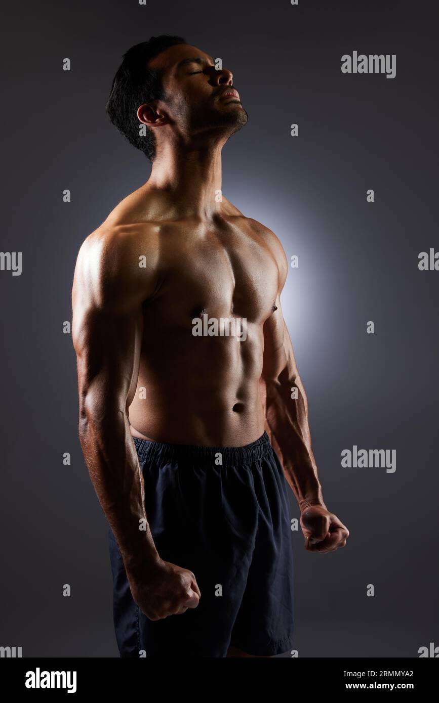 Muscle, strong and studio man with fitness challenge results, gym ...
