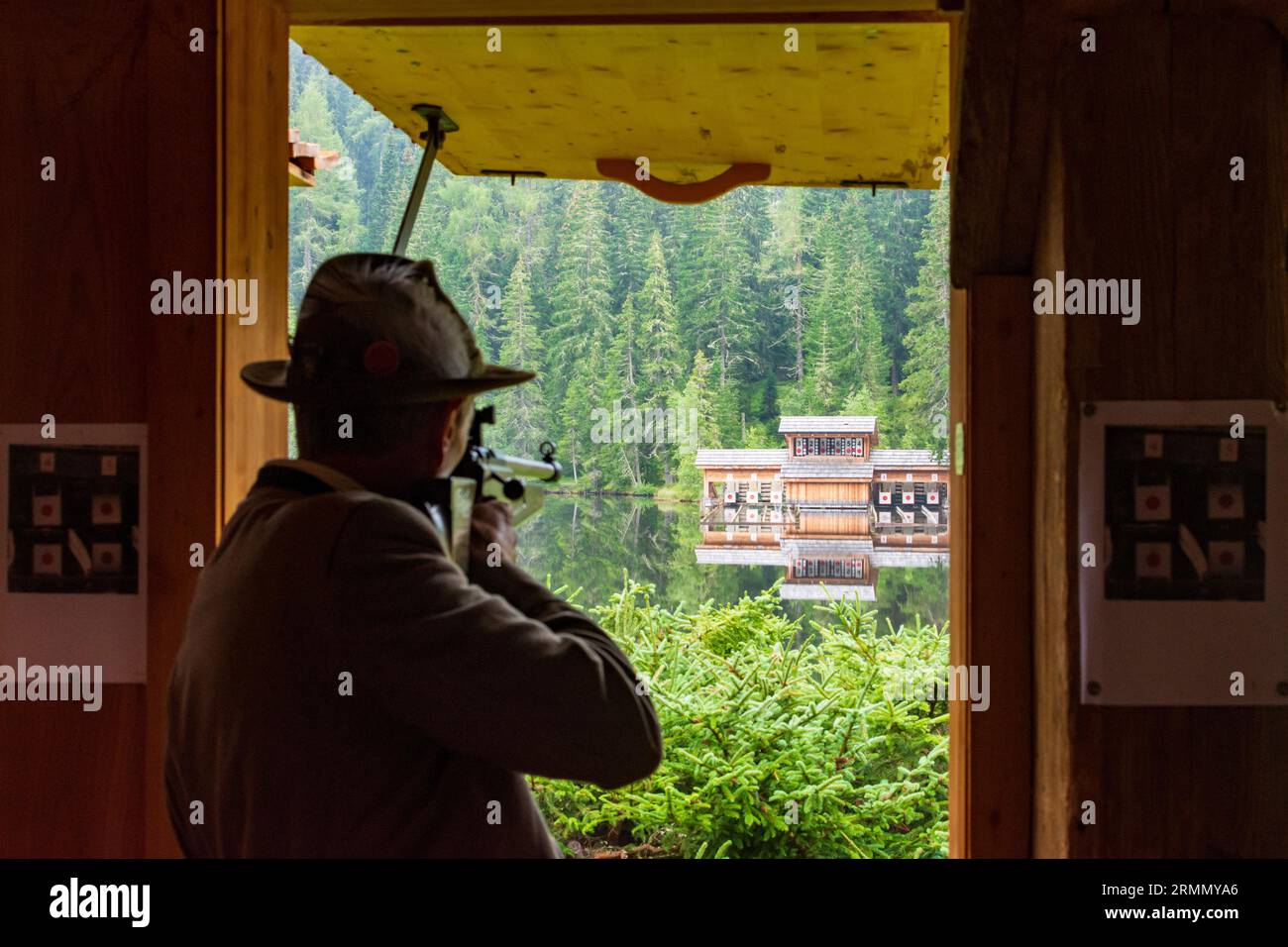Tamsweg: lake Prebersee, shooter in shooting range hut for shooters at ...