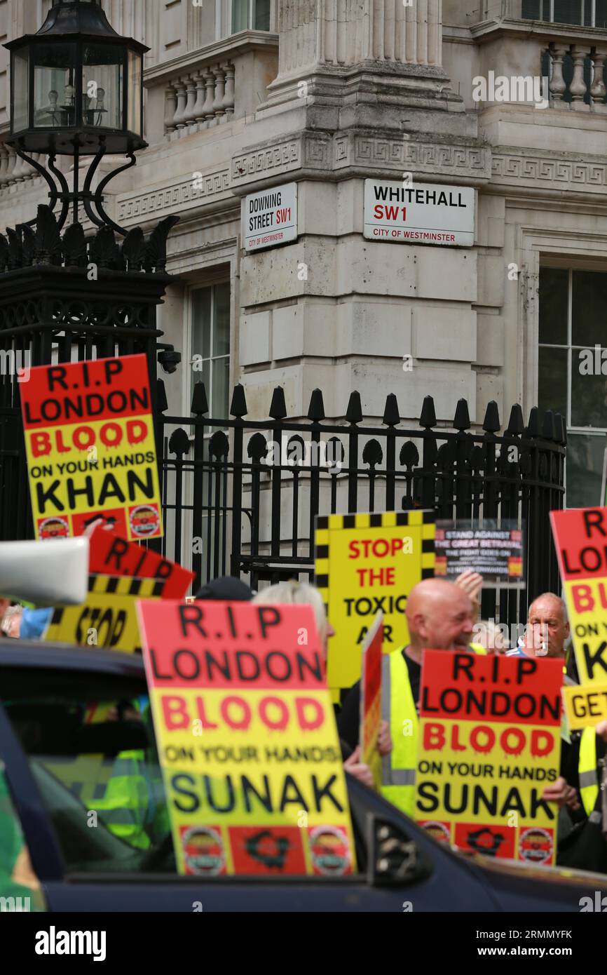 London, UK. 29 August 2023. Anti-ULEZ protest outside Downing Street in ...