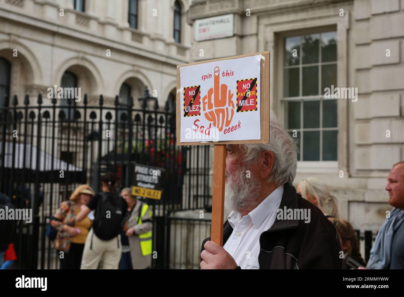 London, UK. 29 August 2023. Anti-ULEZ protest outside Downing Street in ...
