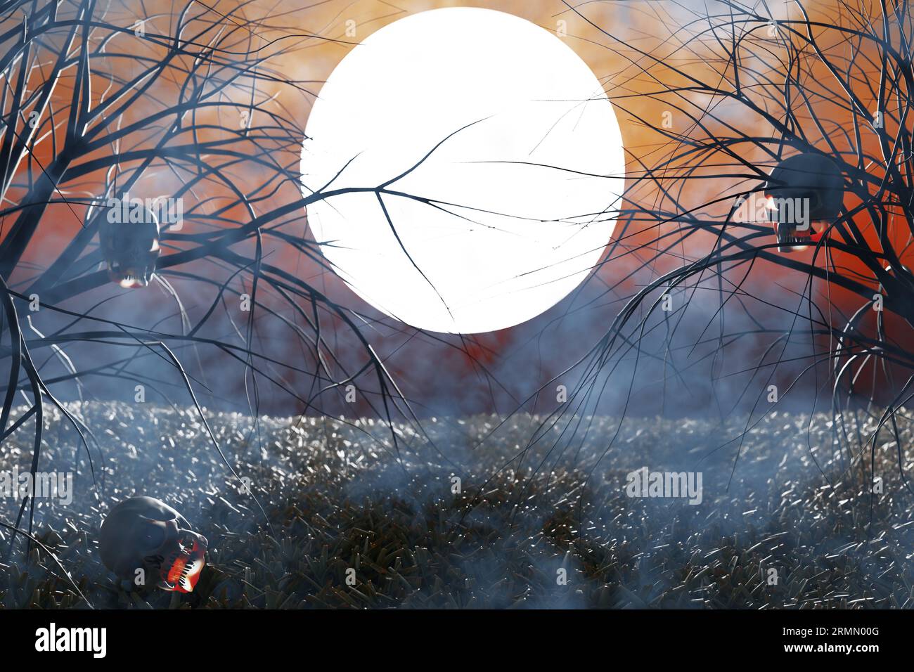 Halloween. Full moon dark forest fog skull. 3D rendering Stock Photo ...