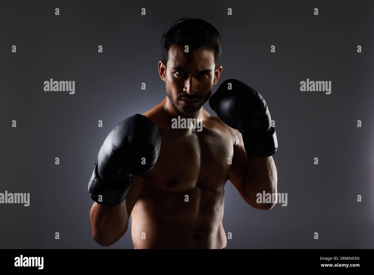 Boxing, studio portrait and sports man with fitness challenge ...