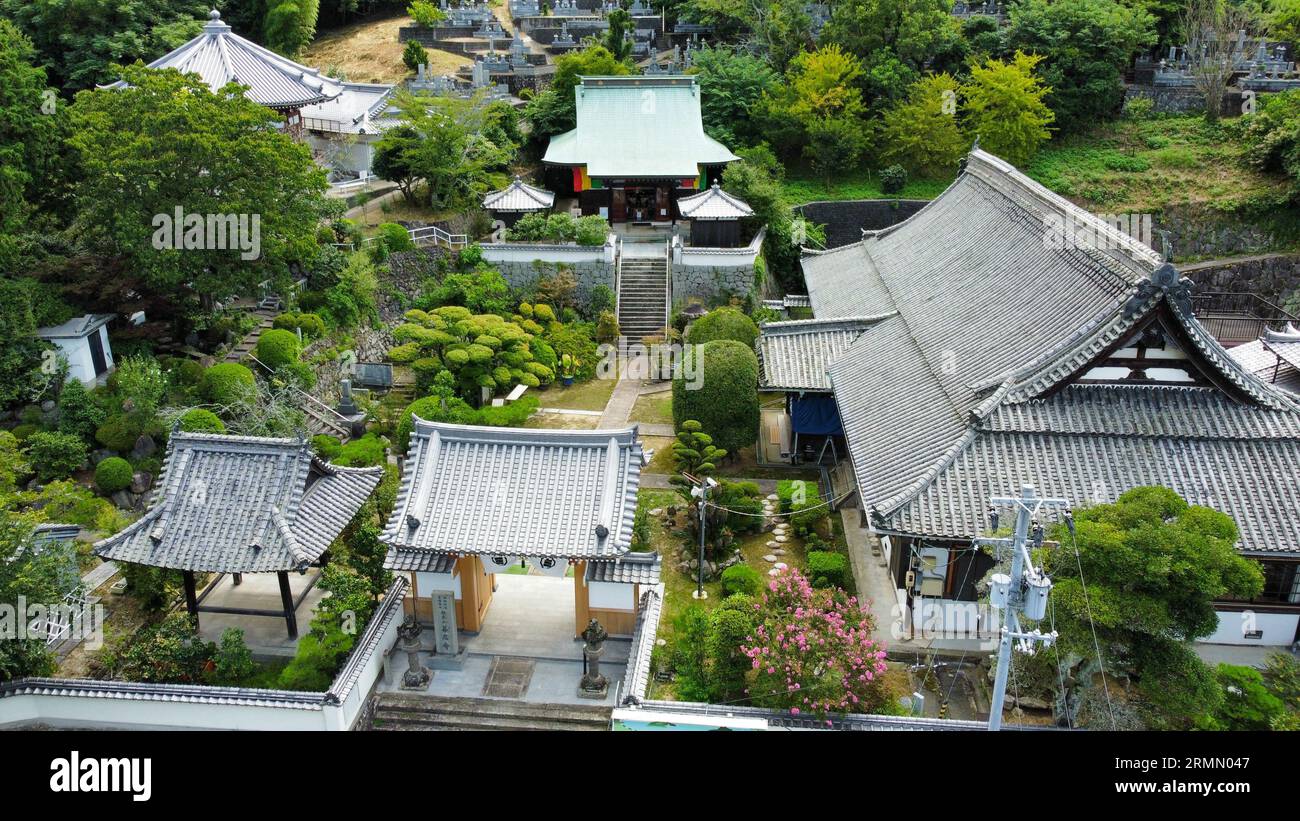 An aerial view of the Zenonji Temple in Hojo, North of Matsuyama City ...