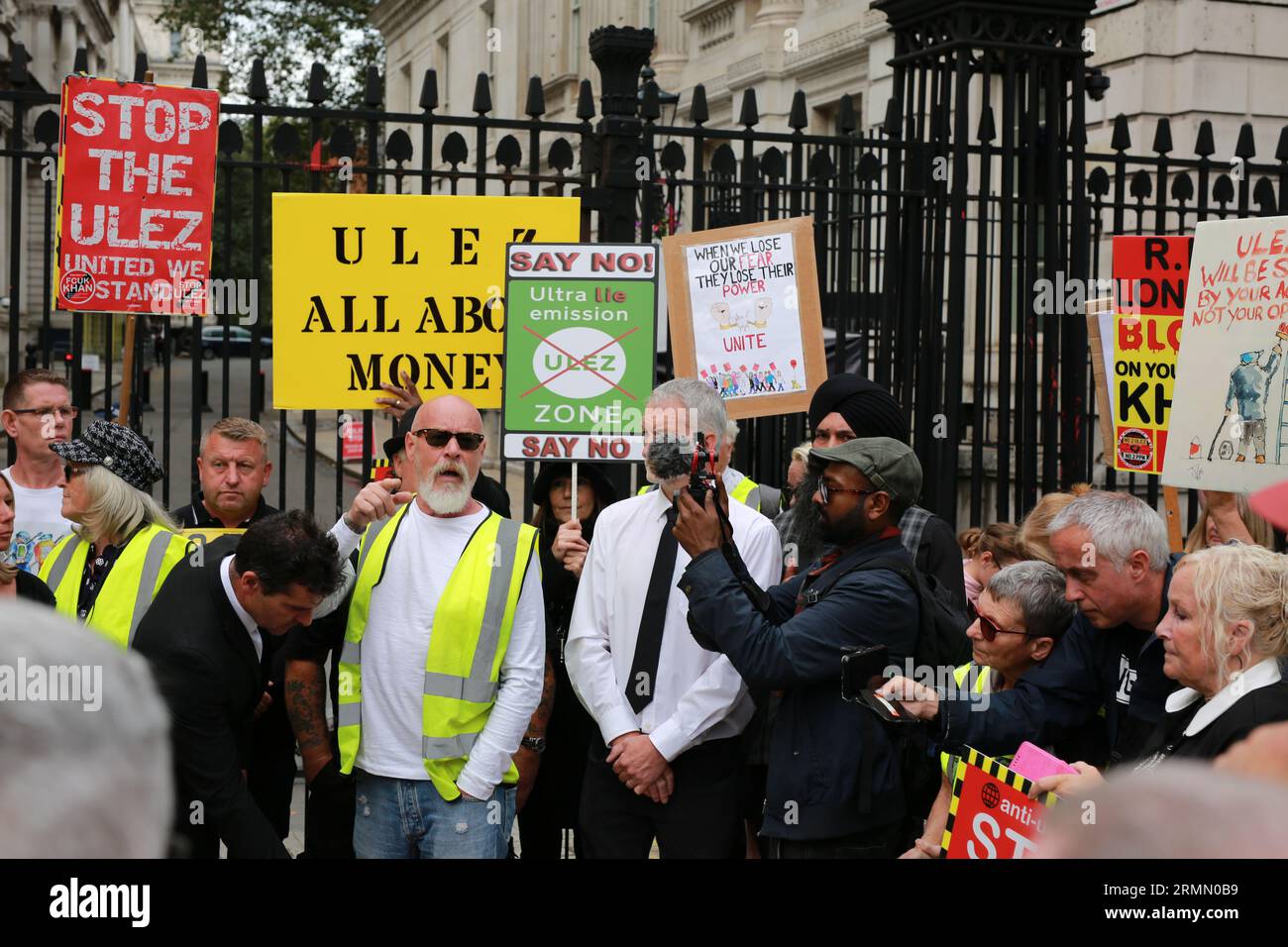 London, UK. 29 August 2023. Anti-ULEZ protest outside Downing Street in ...