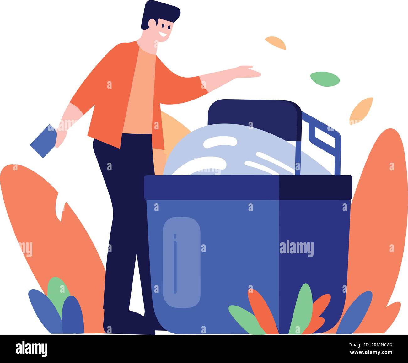 Hand Drawn man with recycling bin in flat style isolated on background ...