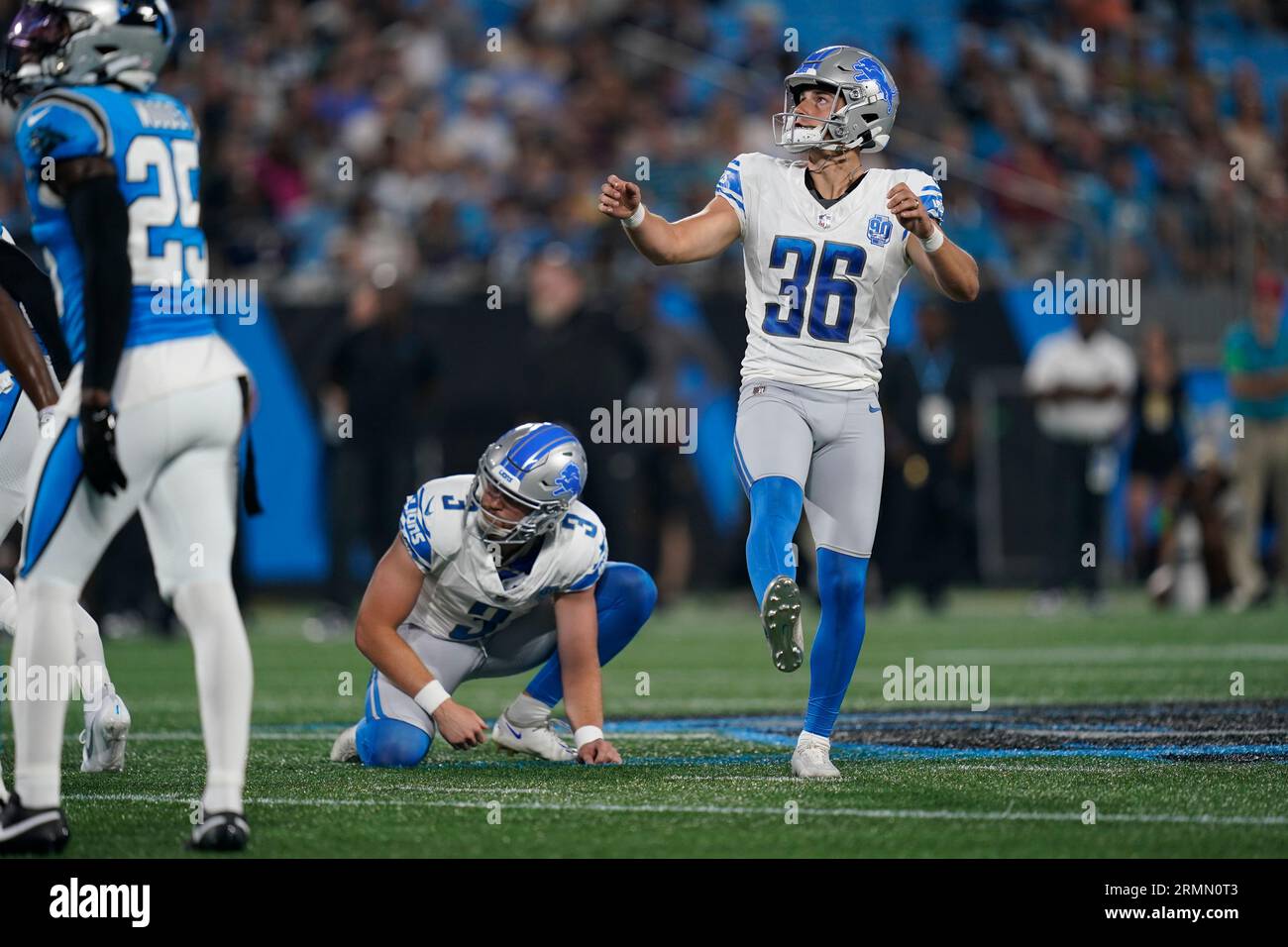 Detroit Lions place kicker Riley Patterson (36) kicks a field goal for ...
