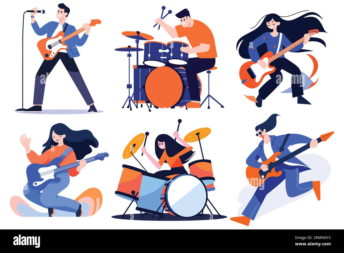 Hand Drawn musicians playing guitar and singing in flat style isolated ...