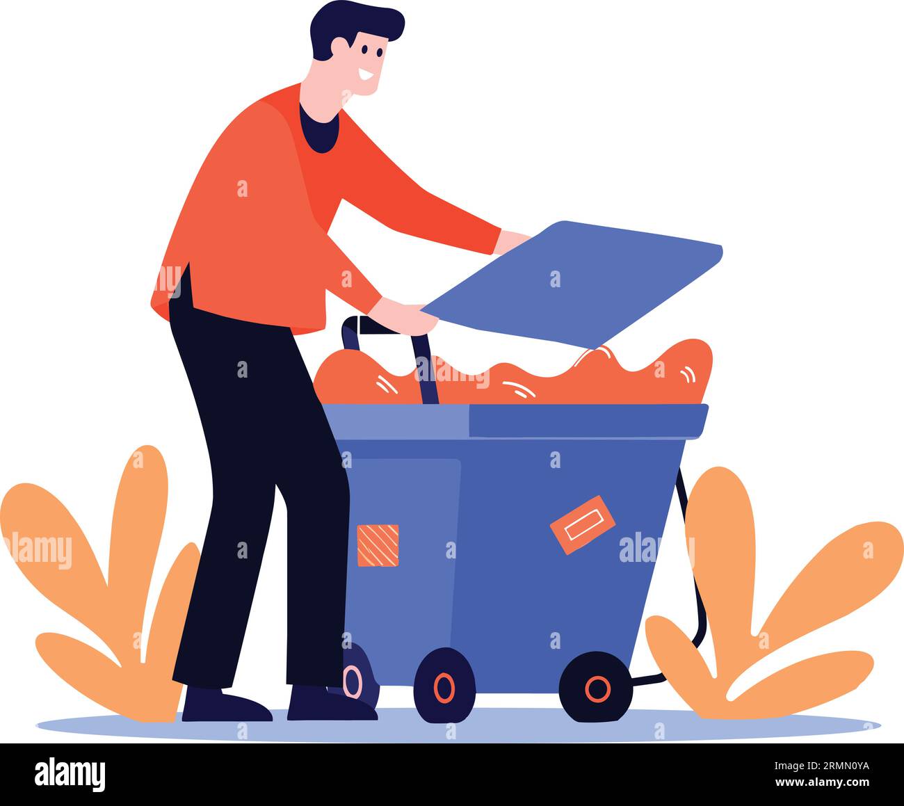 Hand Drawn man with recycling bin in flat style isolated on background ...