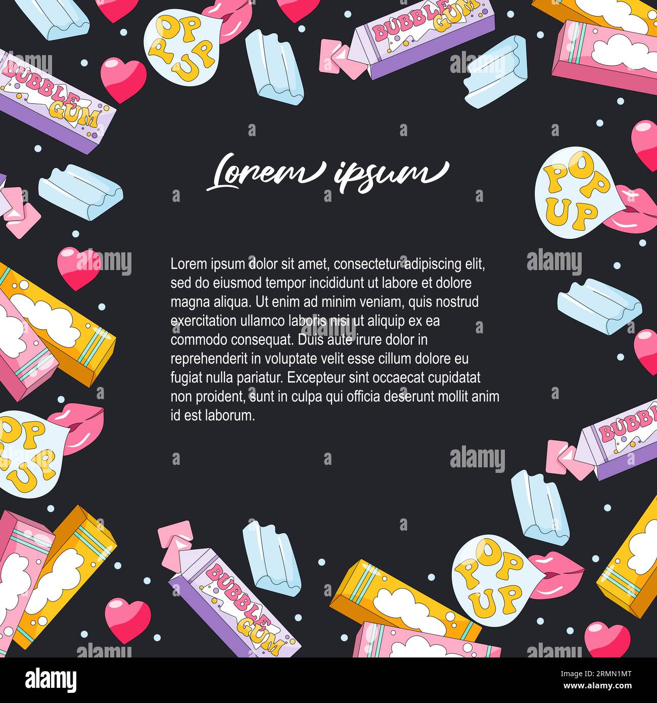 Square shape frame with bubble gum in 90s style Stock Vector Image ...