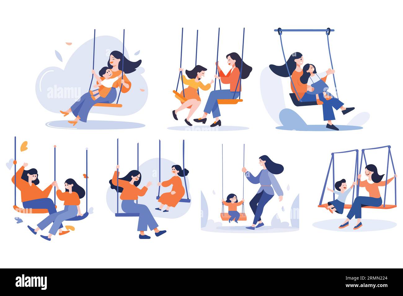 Hand Drawn mother playing on swings with child in flat style isolated ...