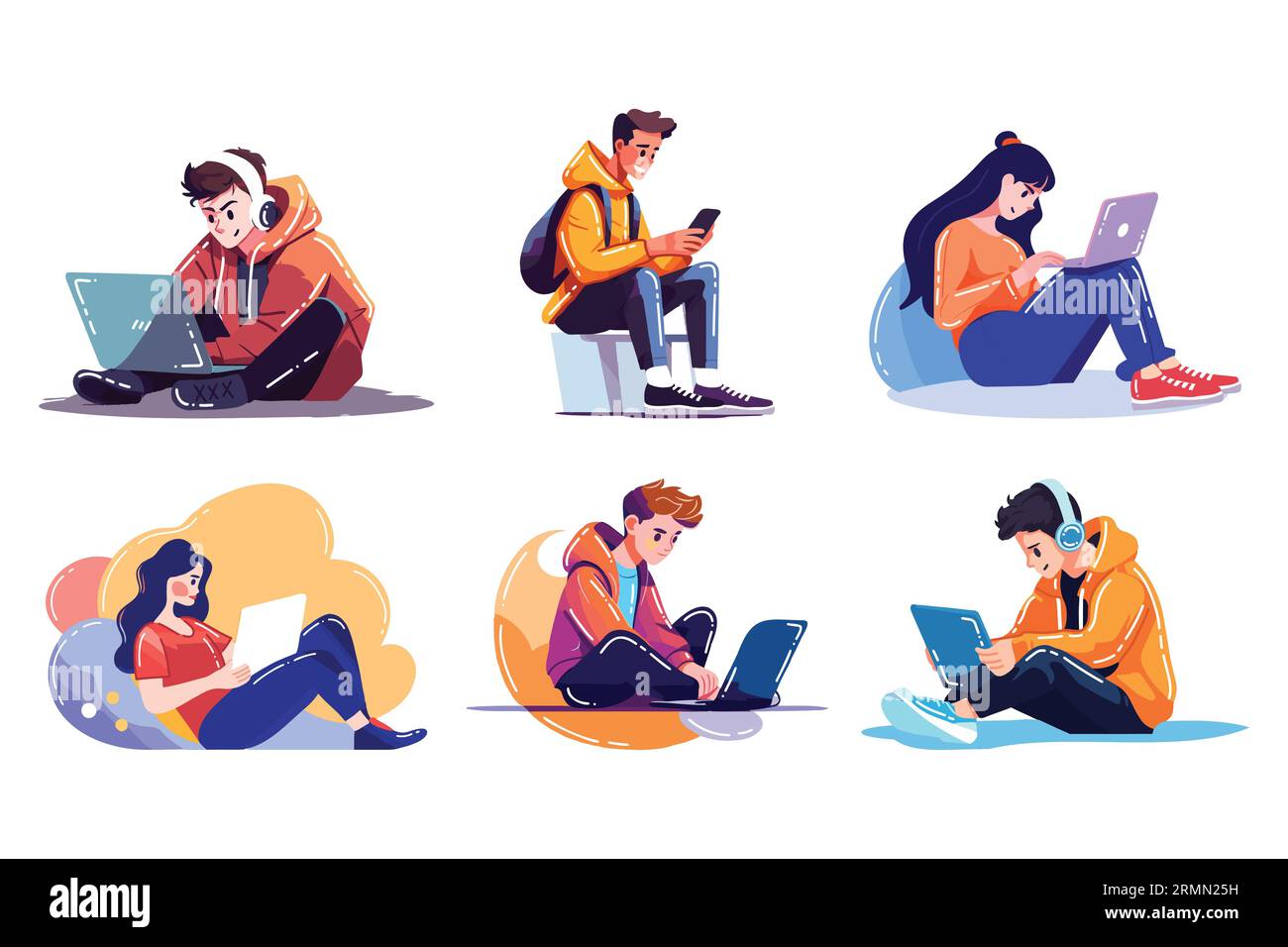Hand Drawn teenage boy sitting and playing mobile phones and laptops in ...