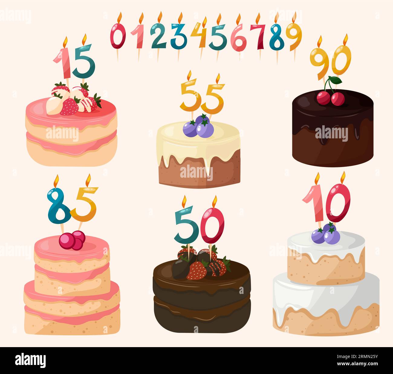Set of cakes with candles figures as numbers Stock Vector Image & Art ...