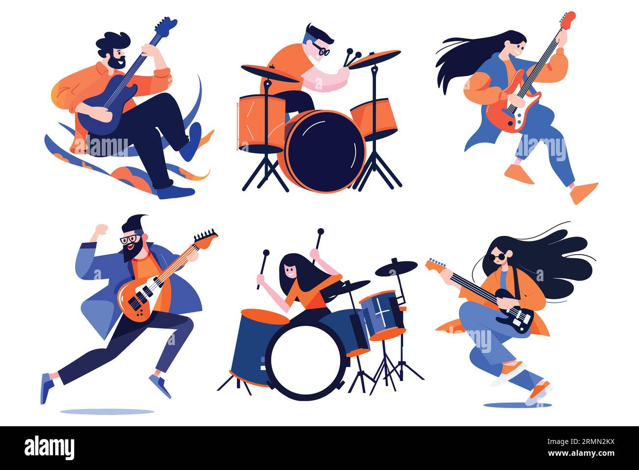 Hand Drawn musicians playing guitar and singing in flat style isolated ...