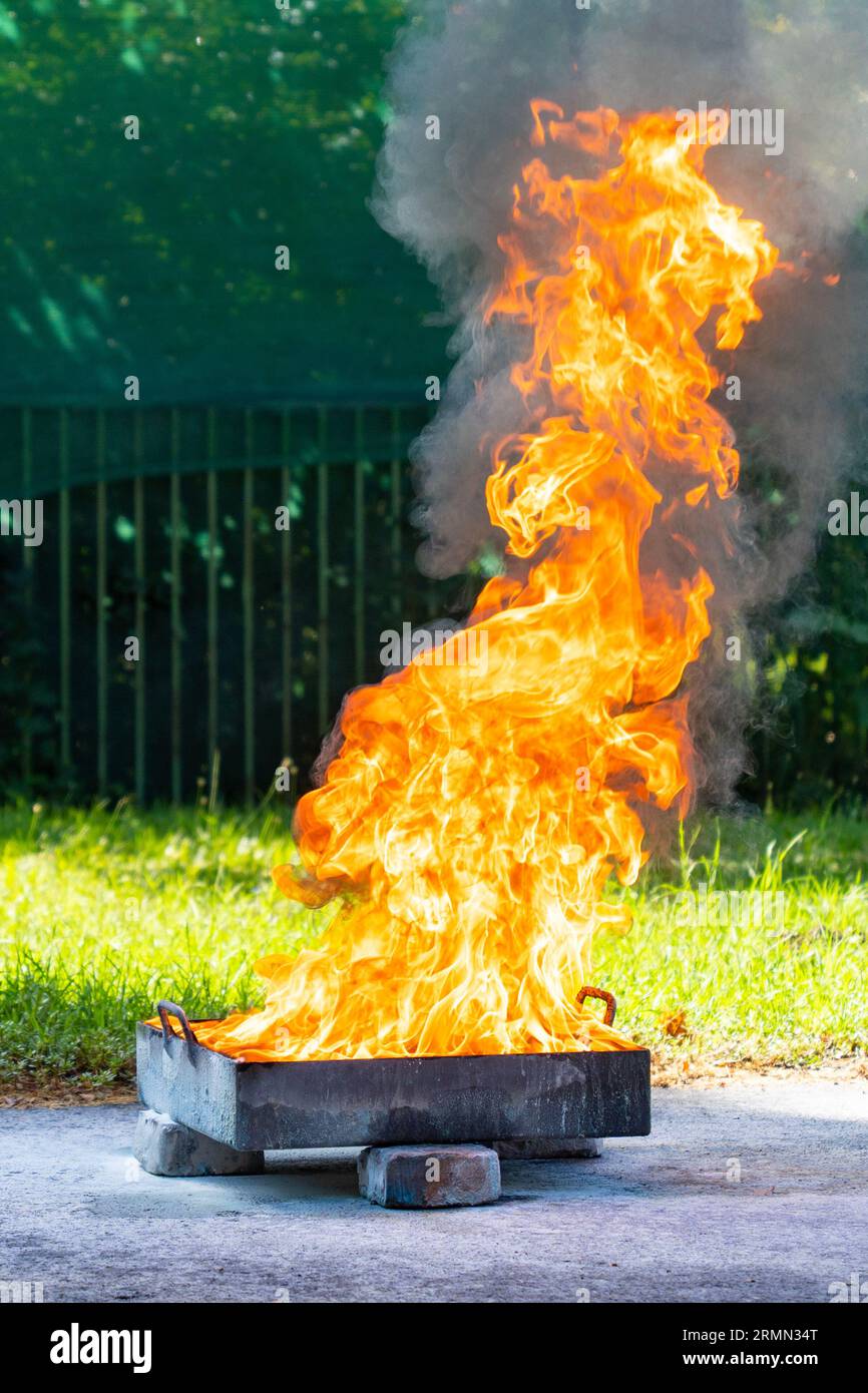 Demonstration of a kitchen fire at a firefighting demonstration Stock ...