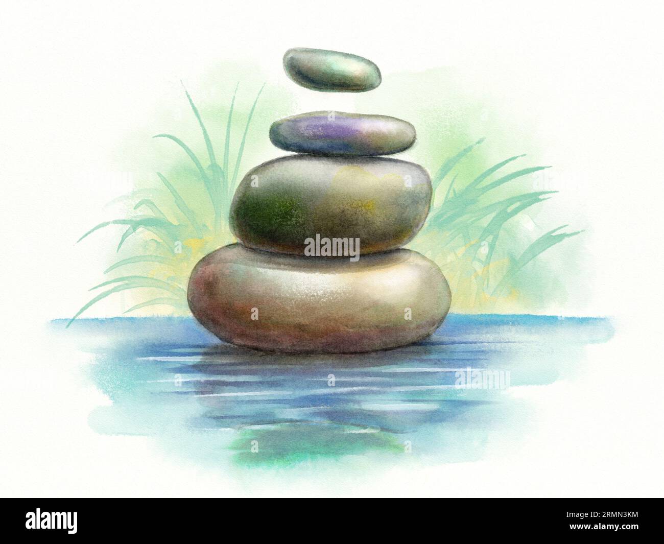 Pile of stones floating over a water surface. Original watercolor Stock ...