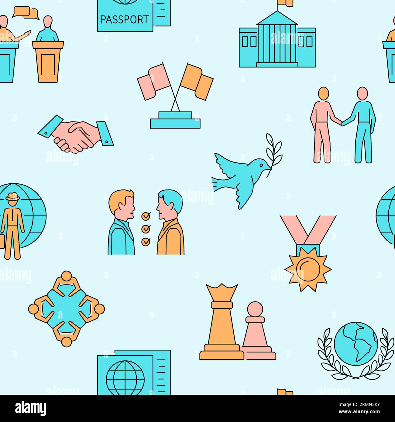 Diplomacy and international relations seamless pattern in colored line ...