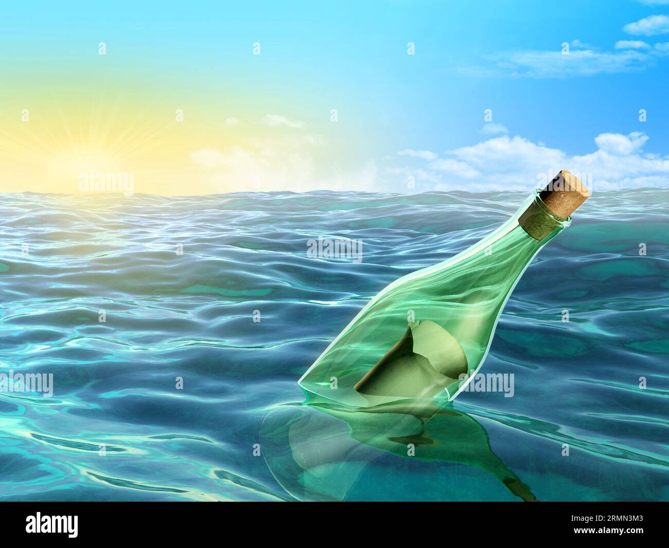 A glass bottle floating in the sea. Digital illustration Stock Photo - Alamy