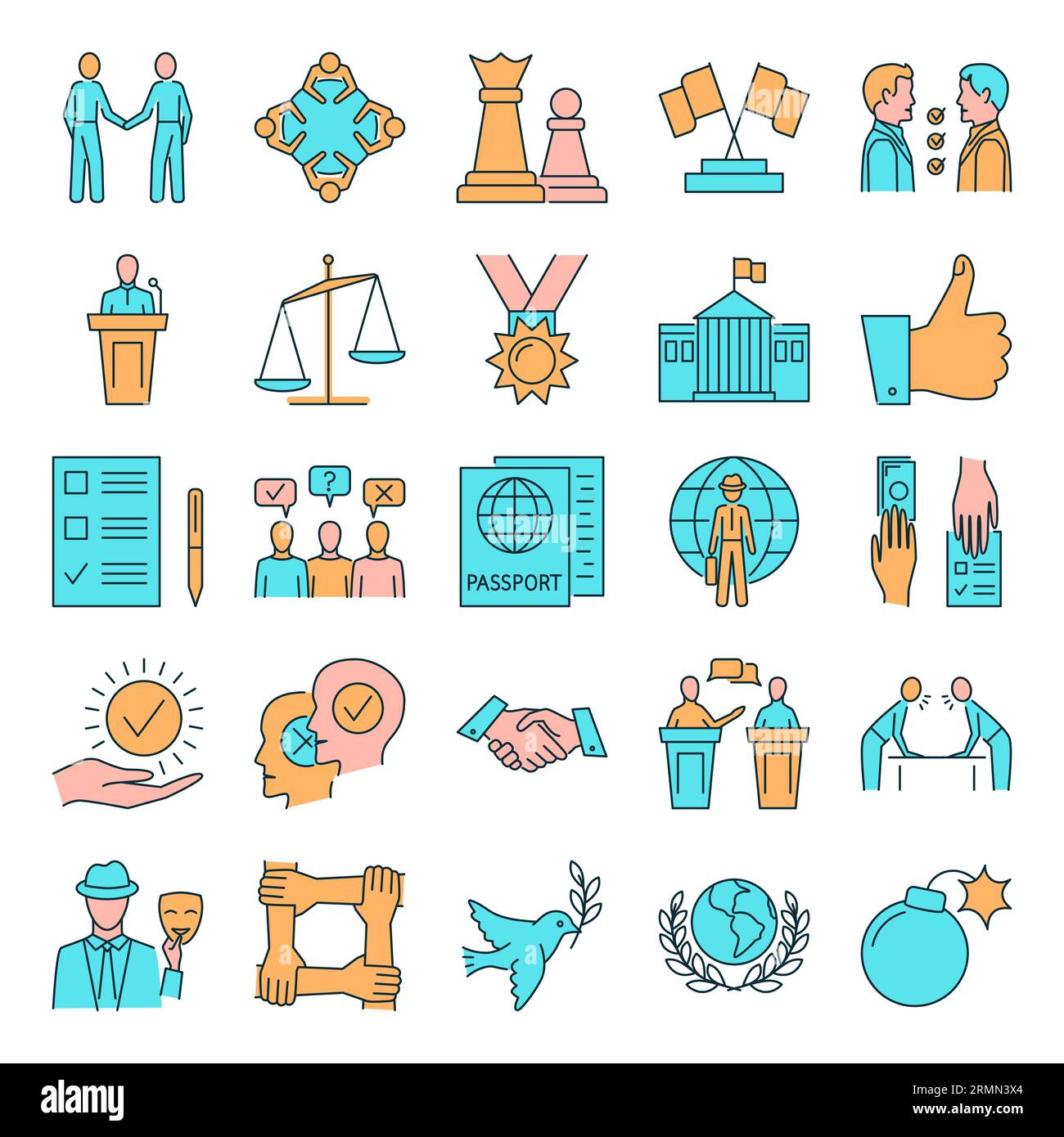 Diplomacy and diplomatic negotiations icon set in colored line style ...