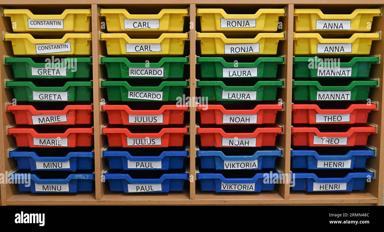 Wiesbaden, Germany. 29th Aug, 2023. Colorful plastic drawers are ...