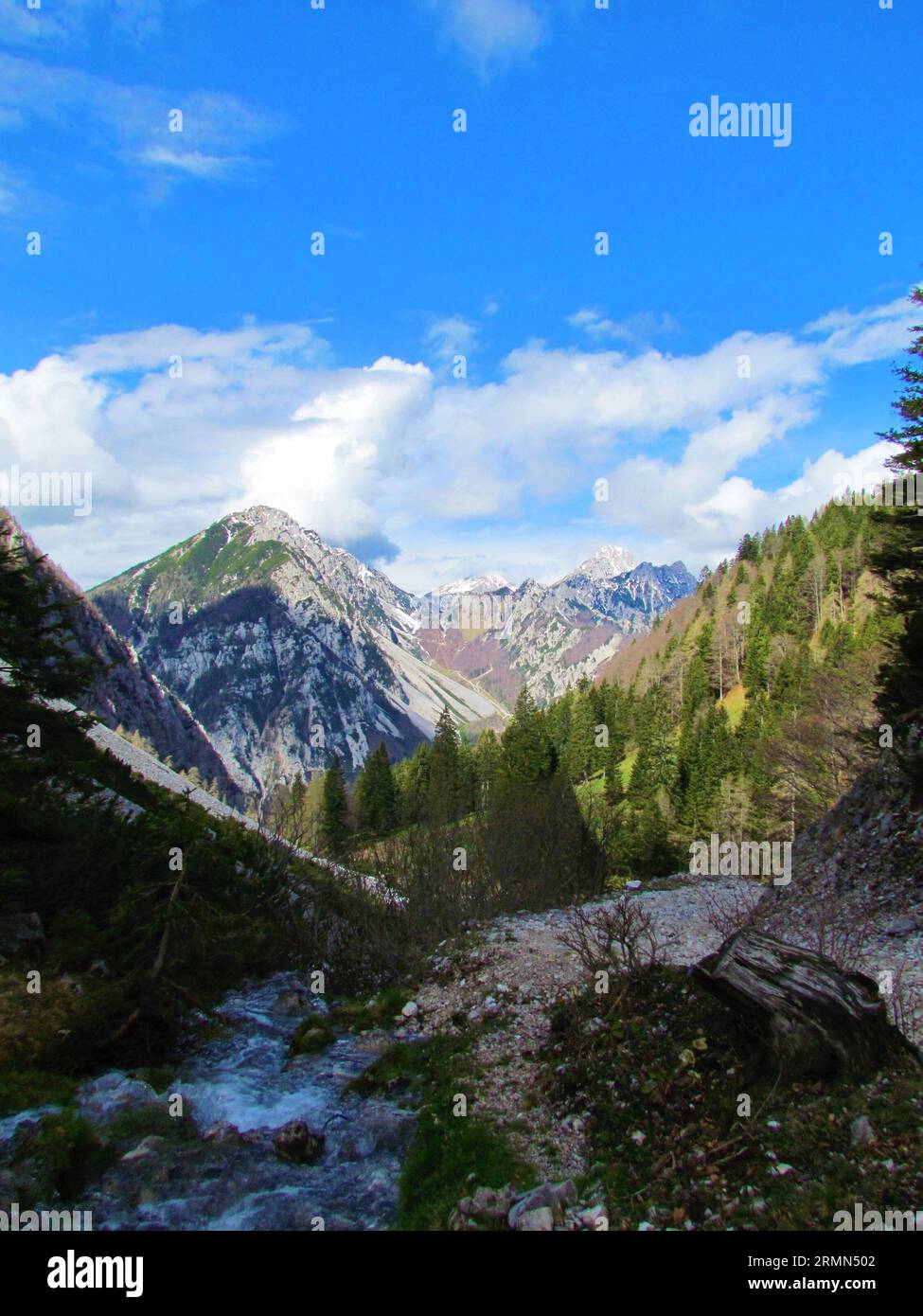 View of mountains Begunjscica and Vrtača in Karavanke mountains ...