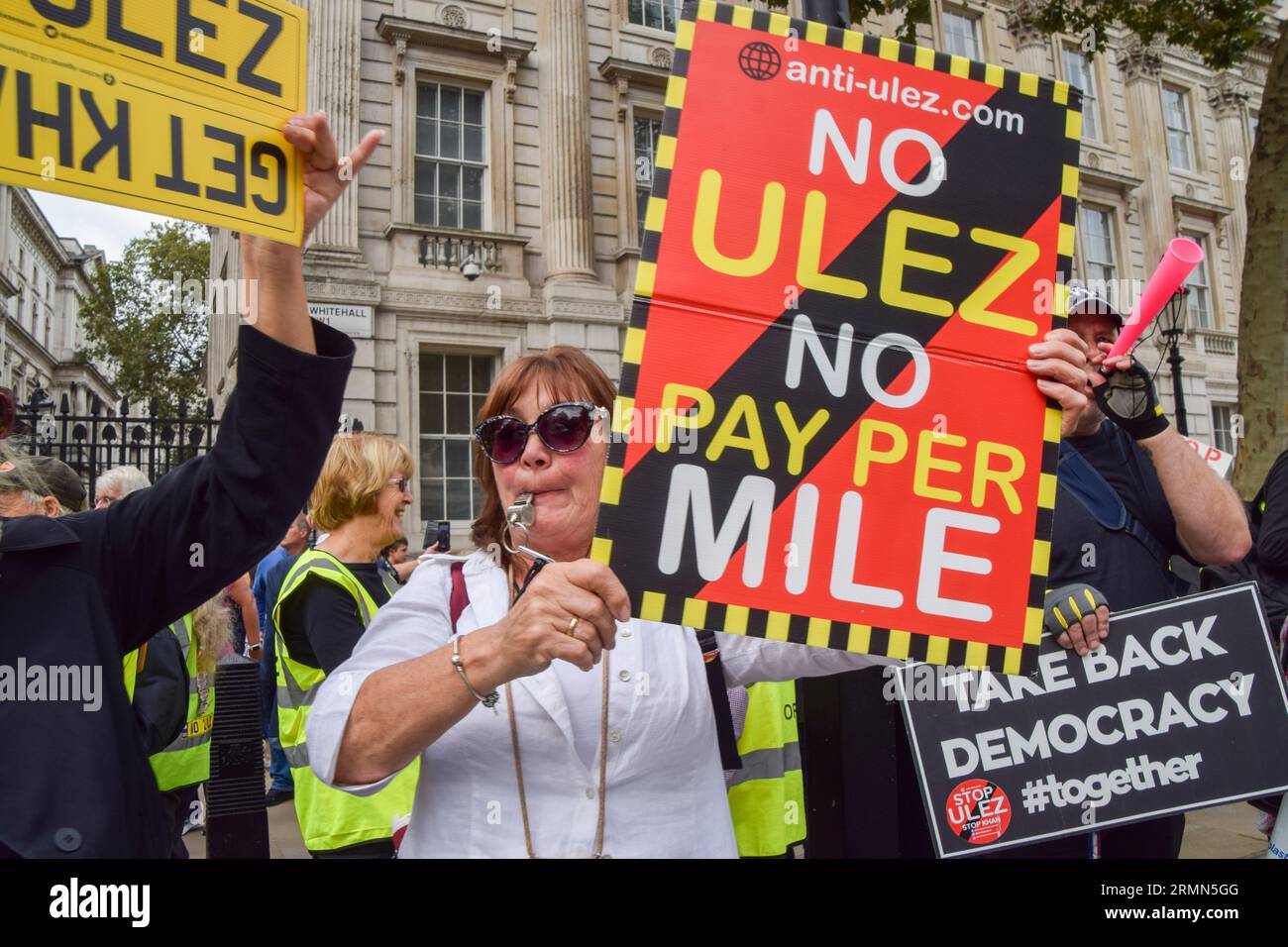 London, England, UK. 29th Aug, 2023. Anti-ULEZ protesters gather ...