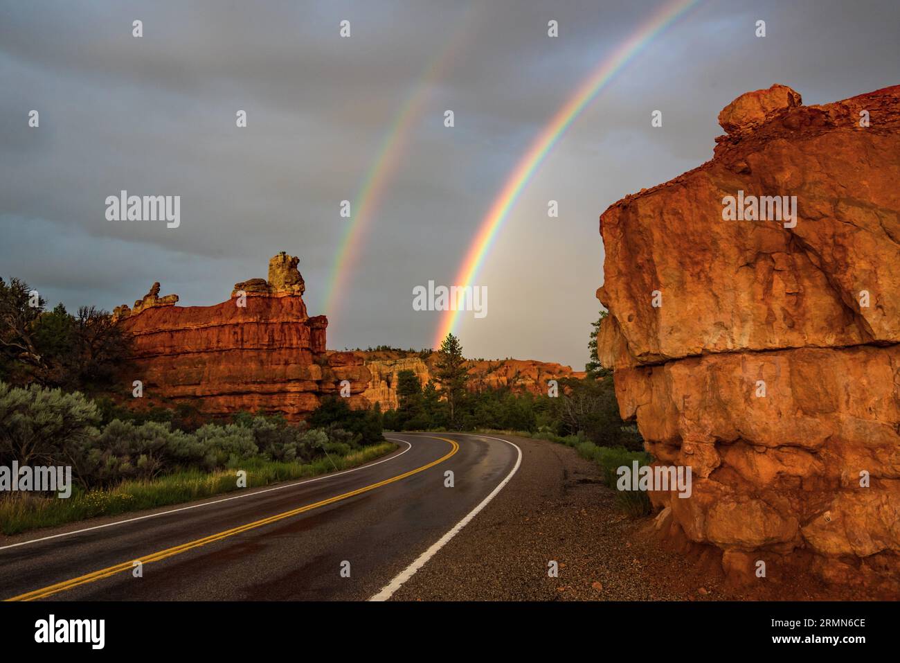 Brilliant double rainbows in Red Canyon area along Hwy 12. Utah, USA ...
