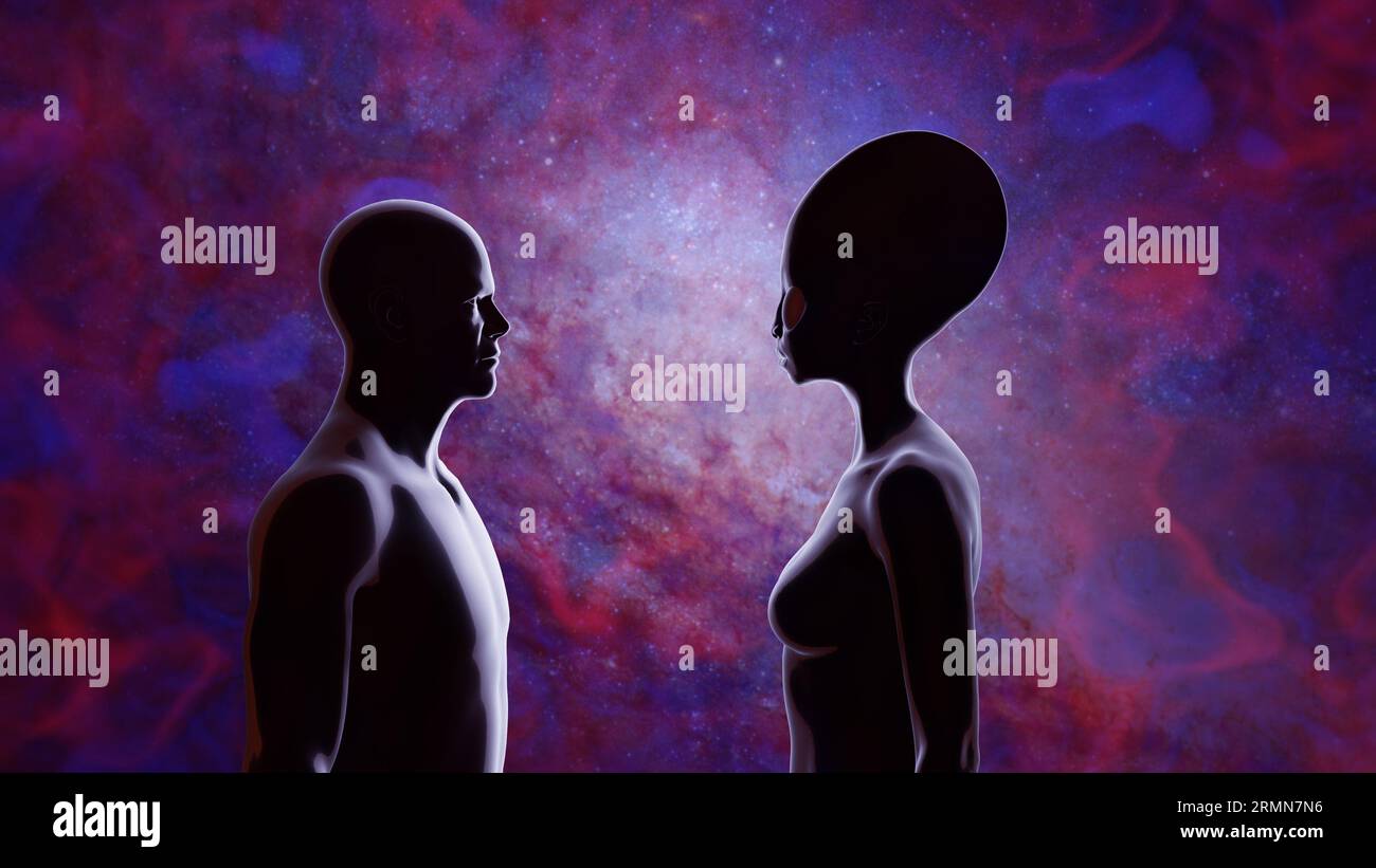 Telepathic communication between alien and human. 3d render ...