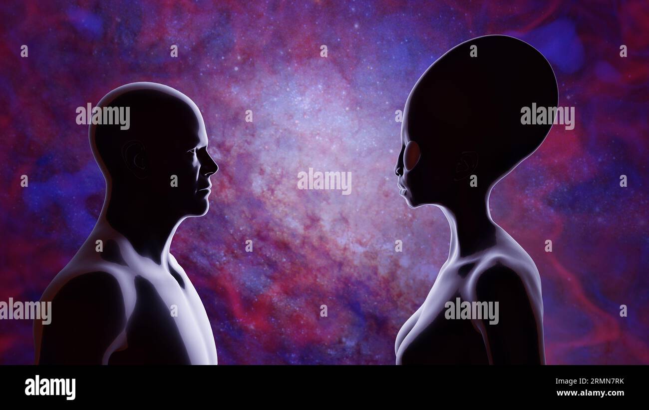 Telepathic communication between alien and human. 3d render ...