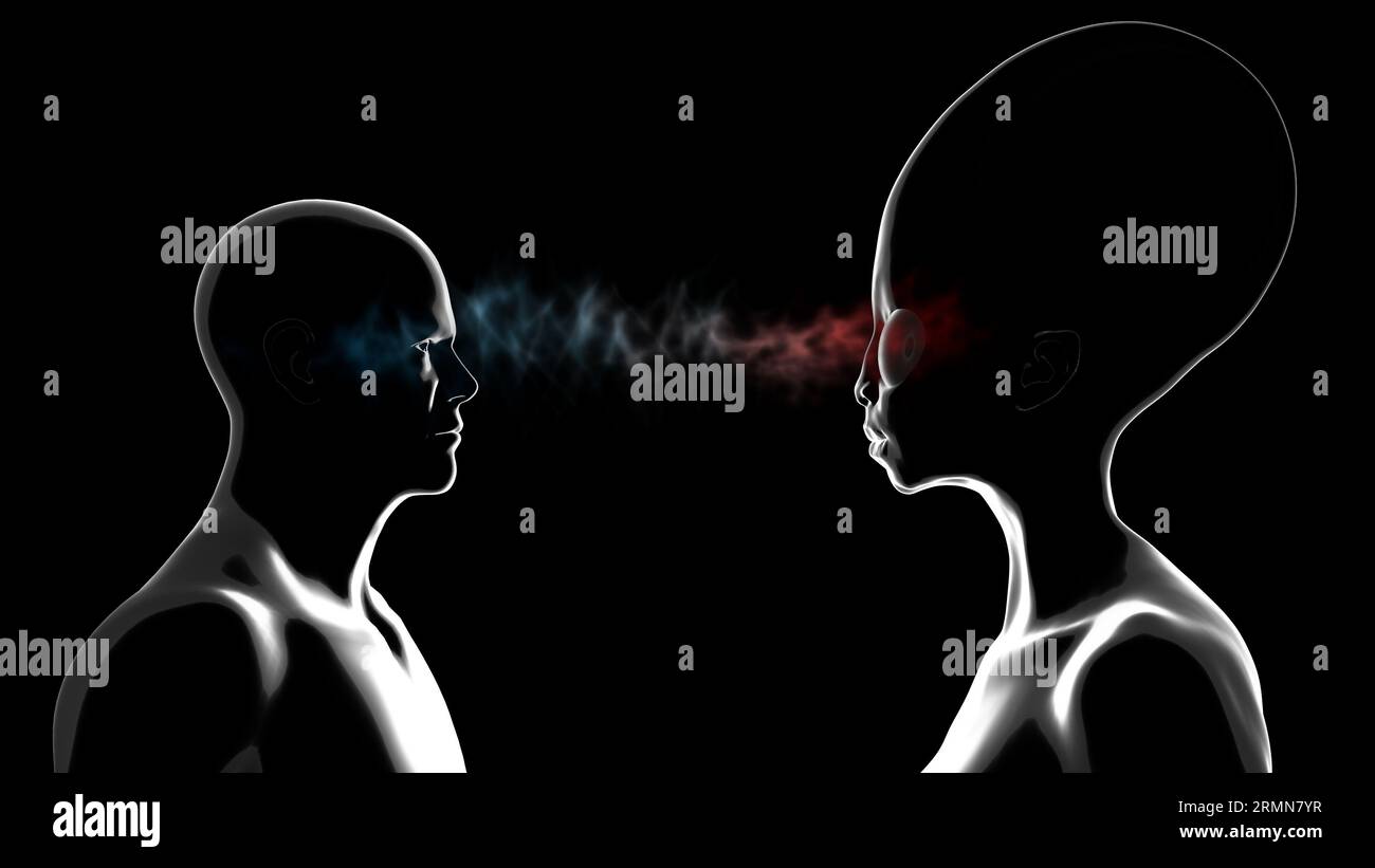 Telepathic communication between alien and human. 3d render ...