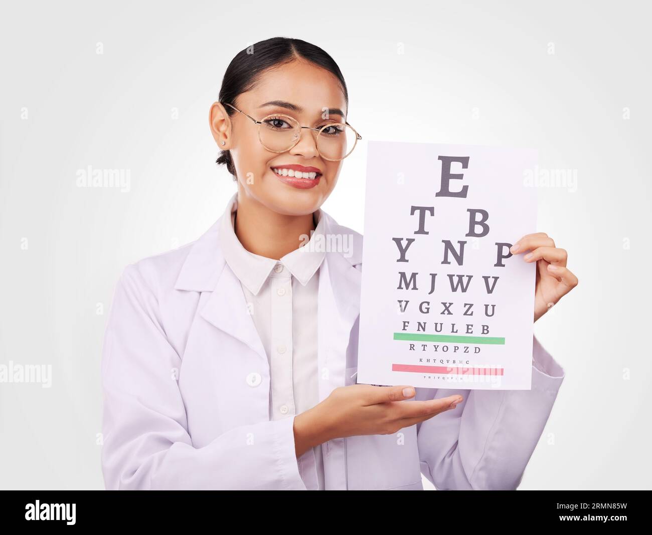 Woman, portrait and chart in eye exam, letter or vision of optometrist ...