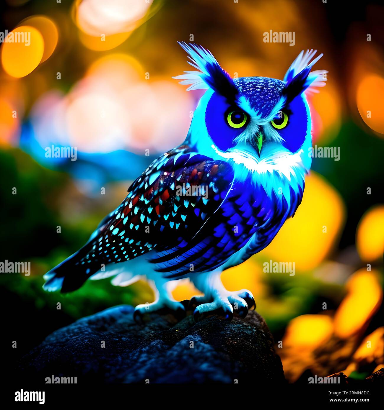 beautiful blue owl with in the forest at twilight, volumetric lights ...