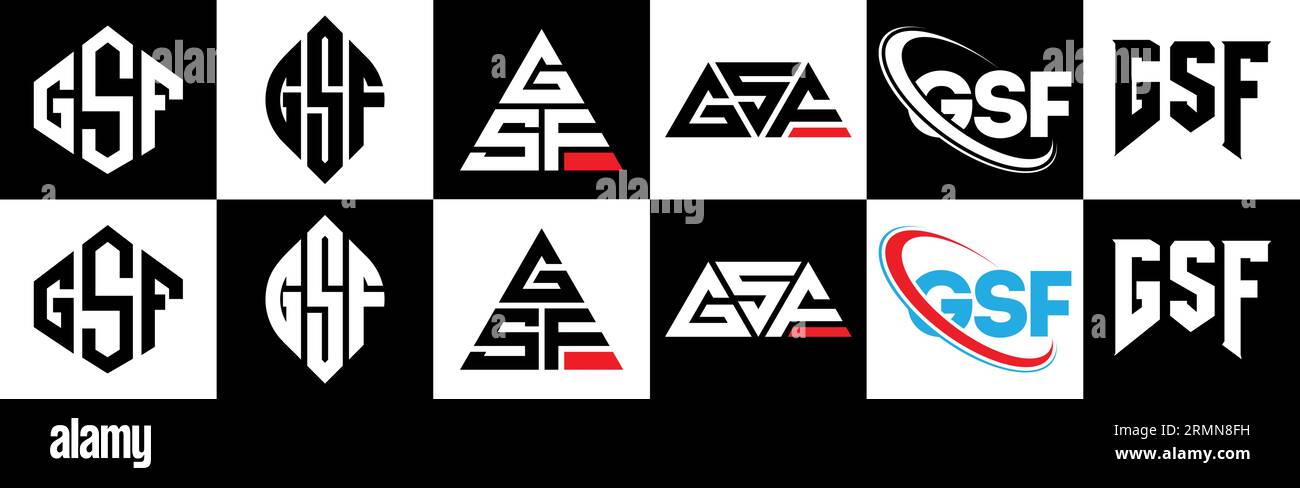 GSF letter logo design in six style. GSF polygon, circle, triangle ...
