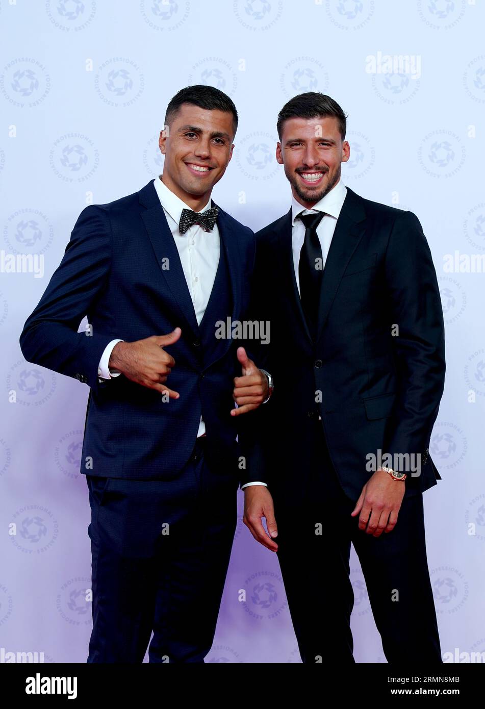 Rodri (left) and Ruben Dias arrive for the 2023 PFA Awards at The Lowry ...