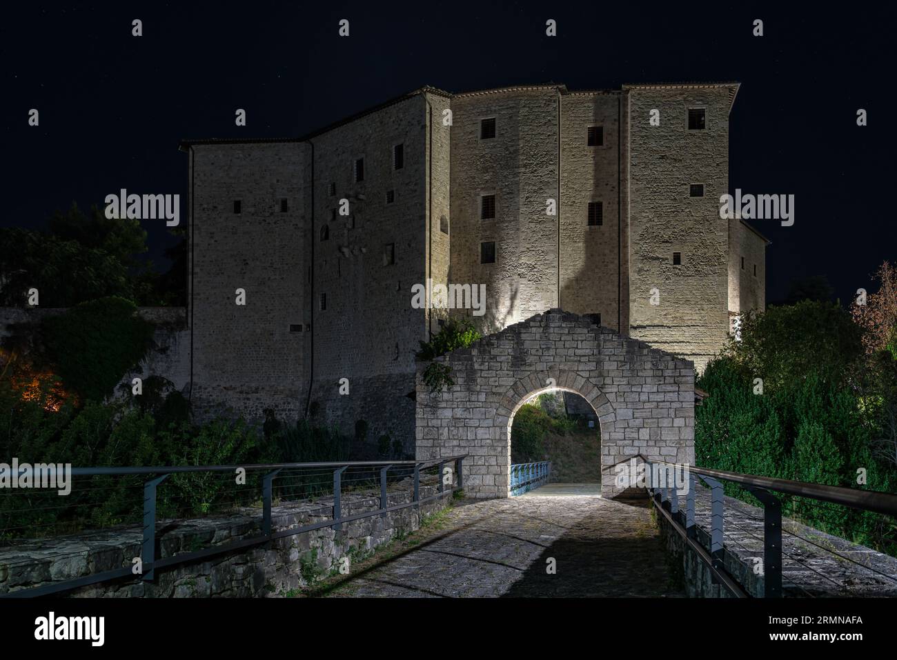 Night panorama of the Malatesta Castle and the Cecco Bridge, the oldest ...