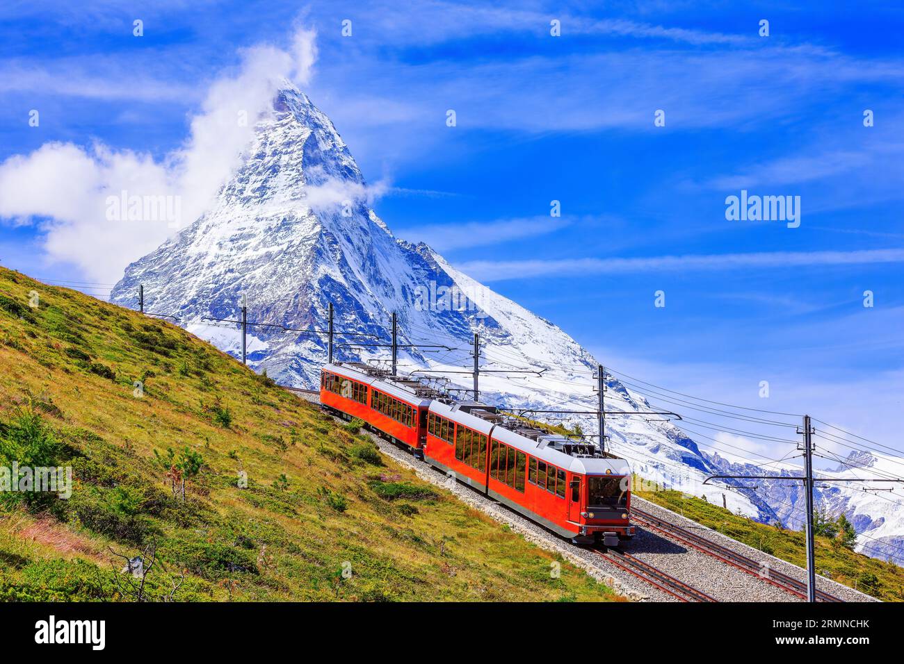 Zermatt, Switzerland. Gornergrat tourist train with Matterhorn mountain ...